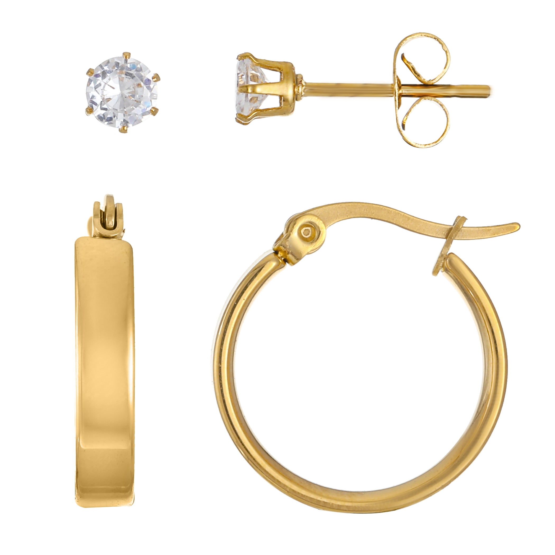 Stainless Steel Gold Plated Duo Studs & Hoops - Walmart.com
