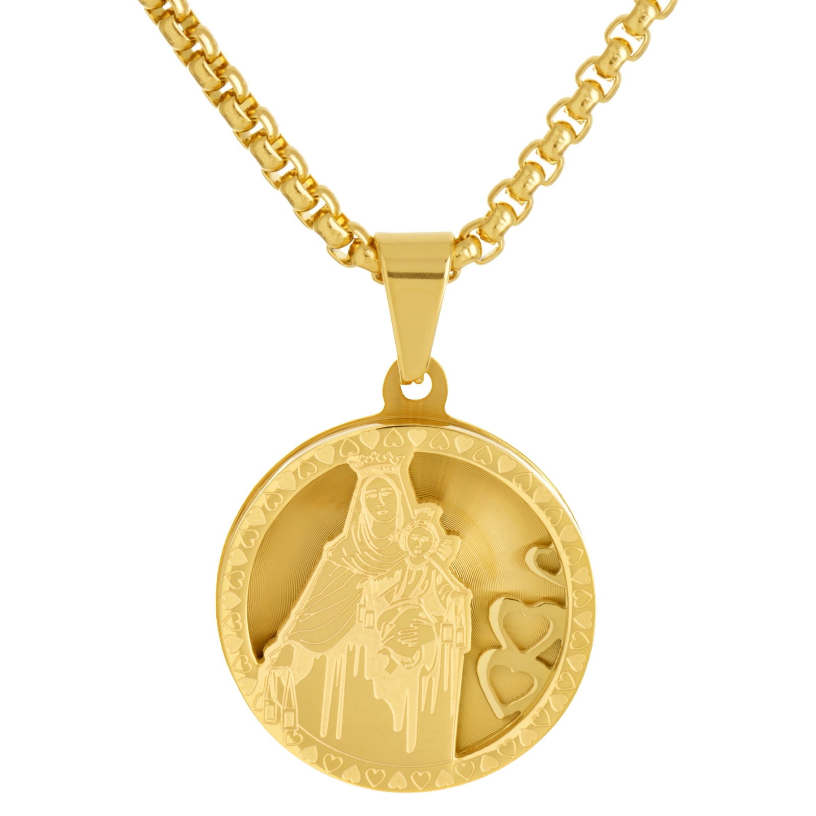 Stainless Steel Gold Plated Virgin Mary Medallion Pendant 24" Box Chain ...