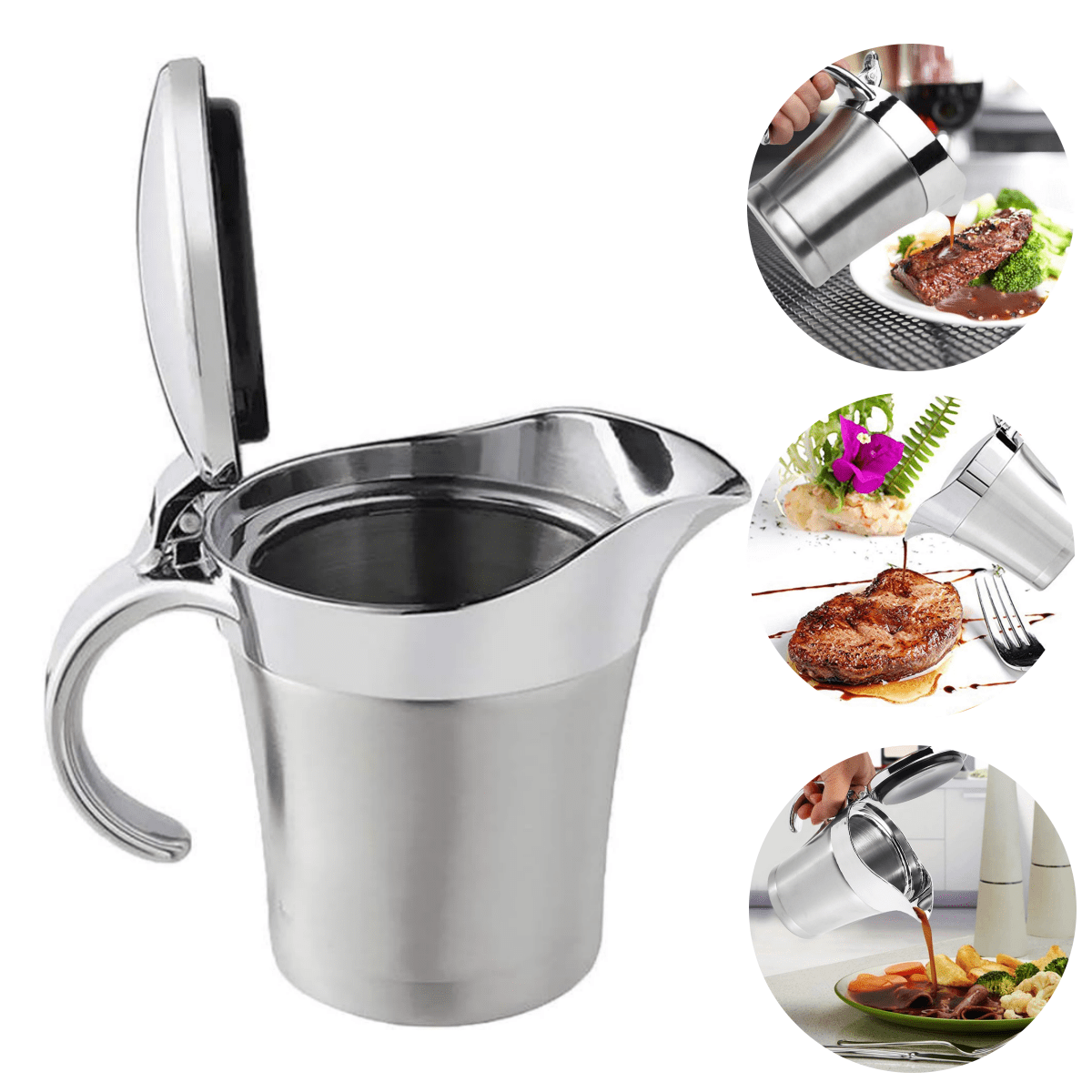 Stainless Steel Gravy Boat Sauce Jug with Hinged Lid,Dingrich Double ...