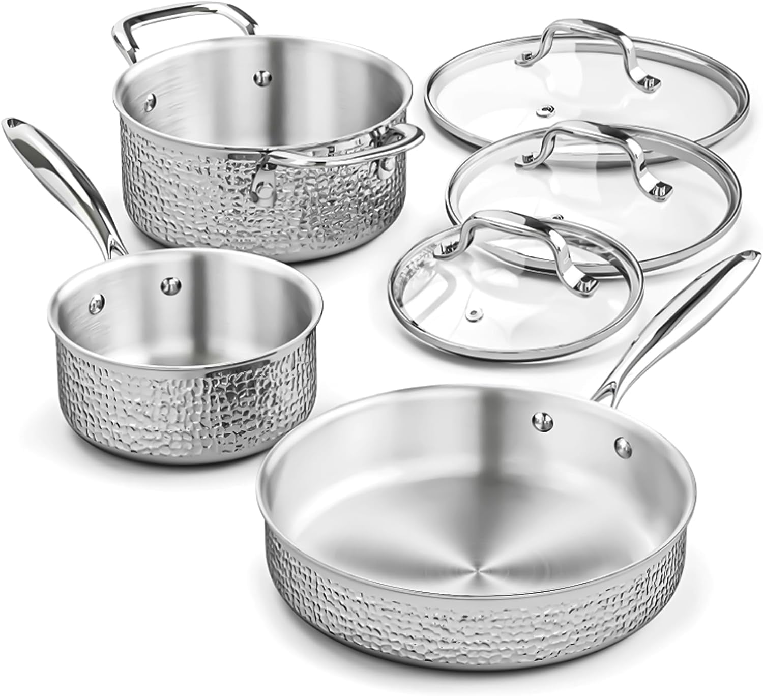 Stainless Steel Hammered Pots and Pans Set with Glass Lid, 6pcs ...