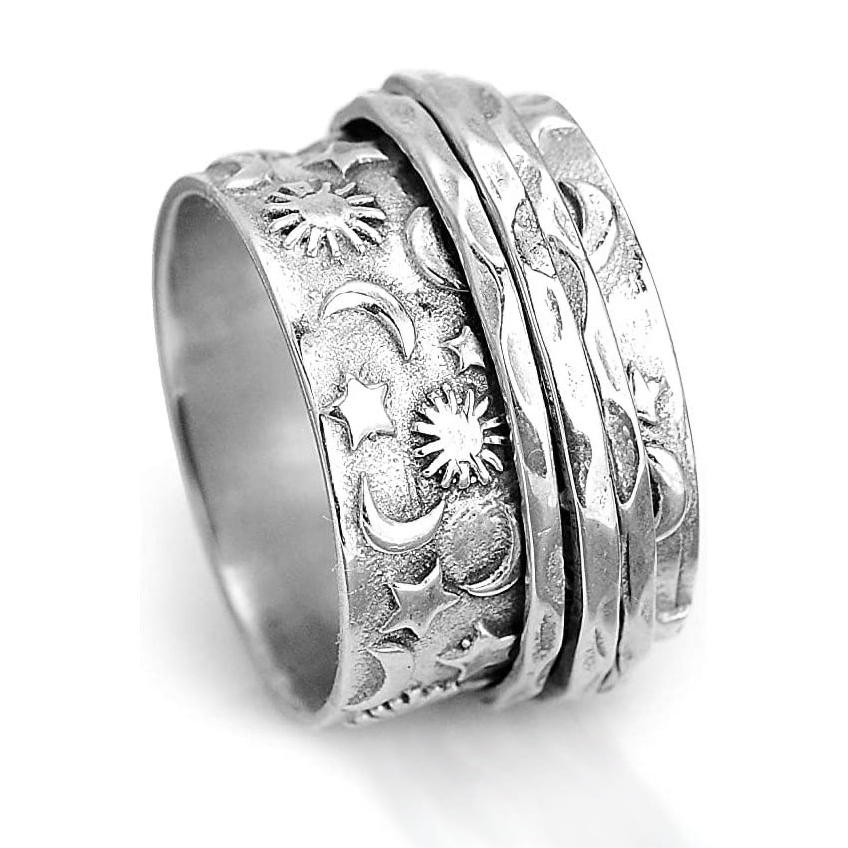 Stainless Steel Hammered Sun Moon Star Rotating Spinner Statement Band ...
