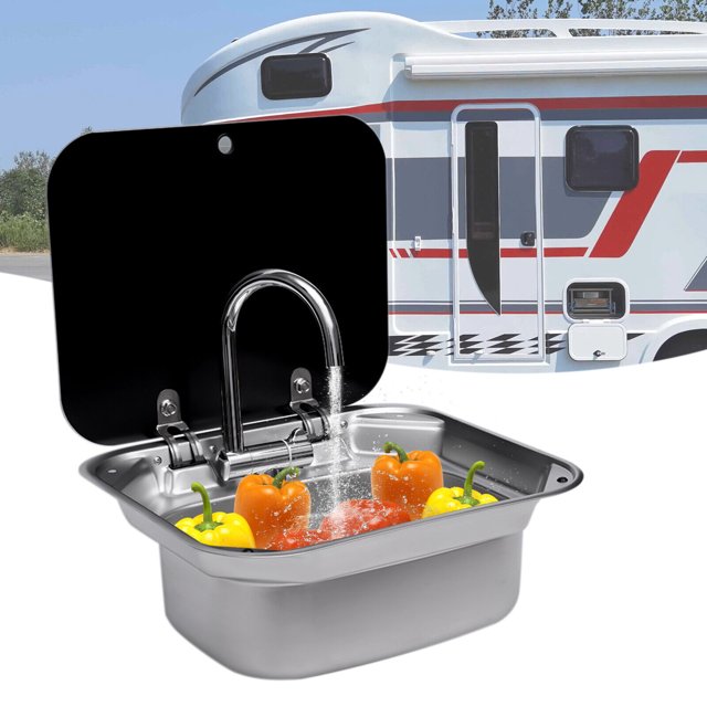 Stainless Steel Hand Washing Basin Sink with Flip-Top Lid Faucet for RV ...