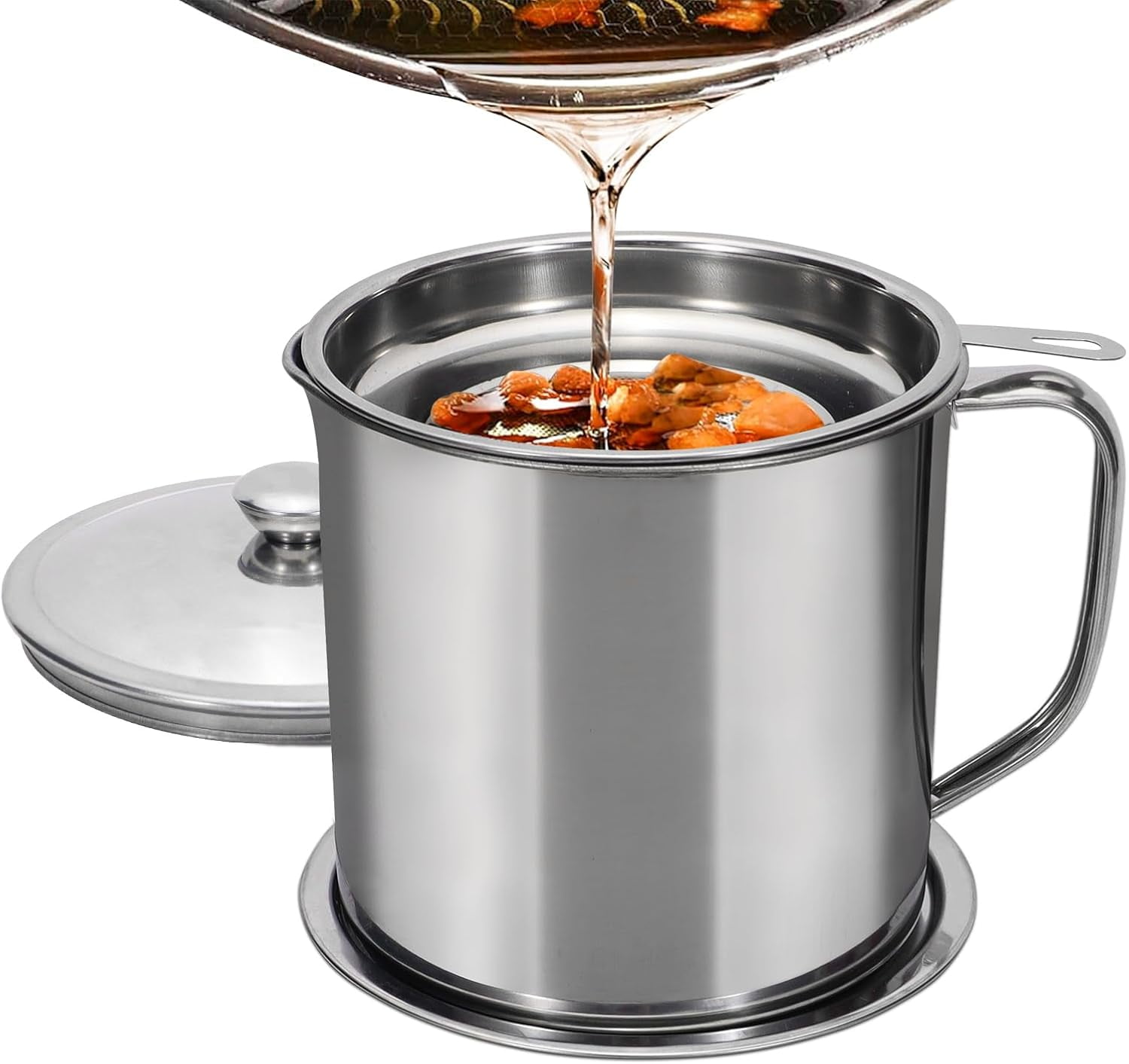 Stainless Steel Handled Bacon Grease Saver with Strainer, Lid & Non ...