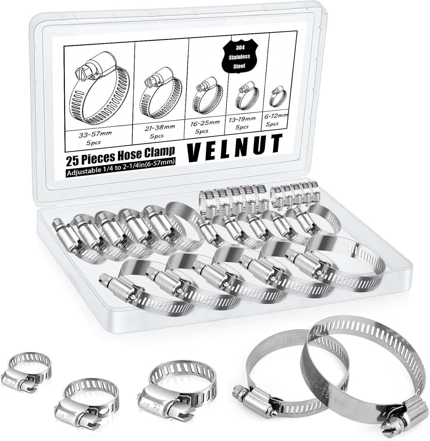 Stainless Steel Hose Clamps Assortment Kit, 25 Pieces Worm Gear Hose ...