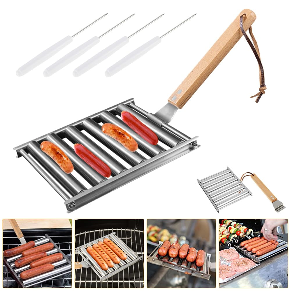 Stainless Steel Hotdog Roller Grill Sausage Roller Rack with Wood ...