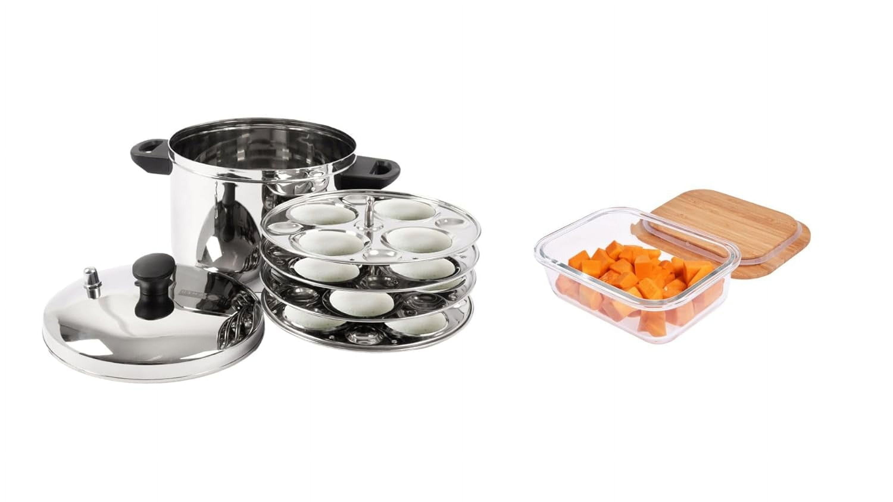 Stainless Steel Idli Cooker Kadai With 4 Plates + Container With Bamboo ...