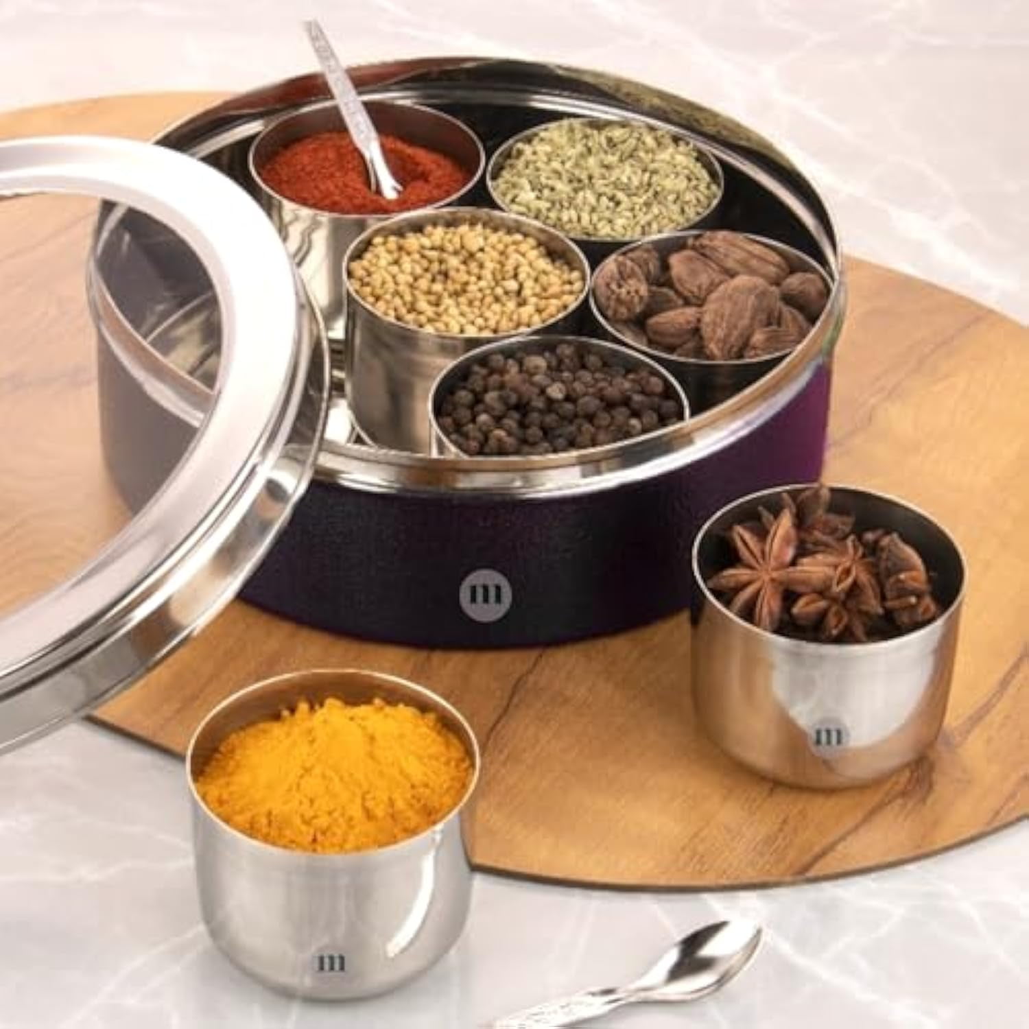 Stainless Steel Indian Spice Box - 13 Masala Dabba Set w/7 Containers ...