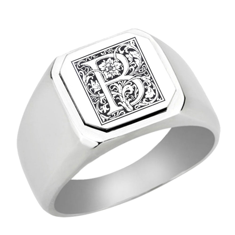 Stainless Steel Initial Floral Box Letter B Monogram Engraved Signet ...