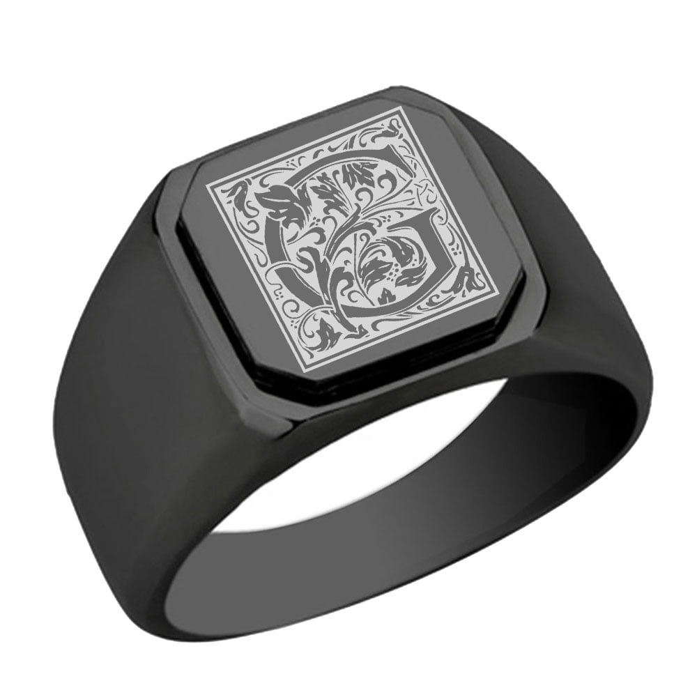Stainless Steel Initial Floral Box Letter G Monogram Engraved Signet ...