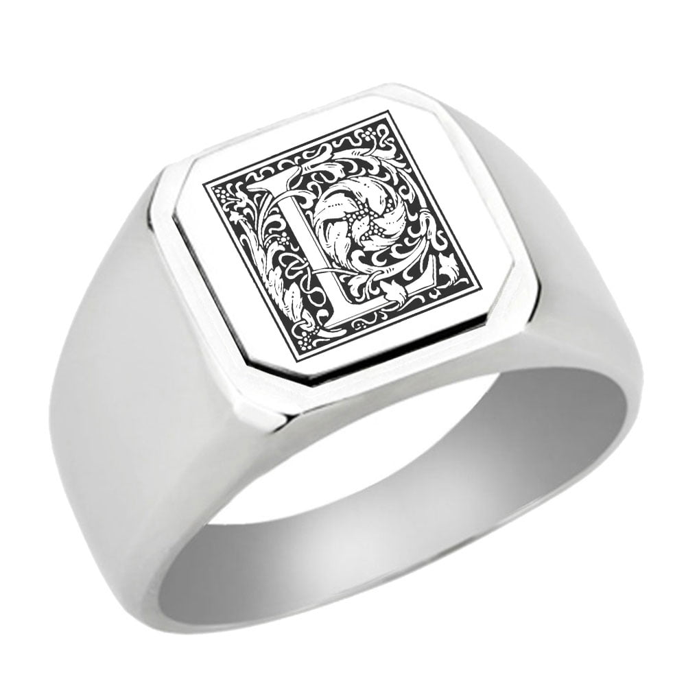 Stainless Steel Initial Floral Box Letter L Monogram Engraved Signet ...