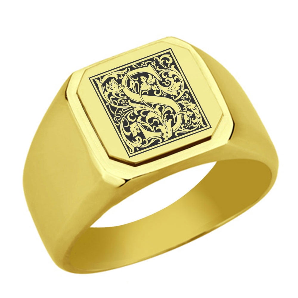 Stainless Steel Initial Floral Box Letter S Monogram Engraved Signet ...