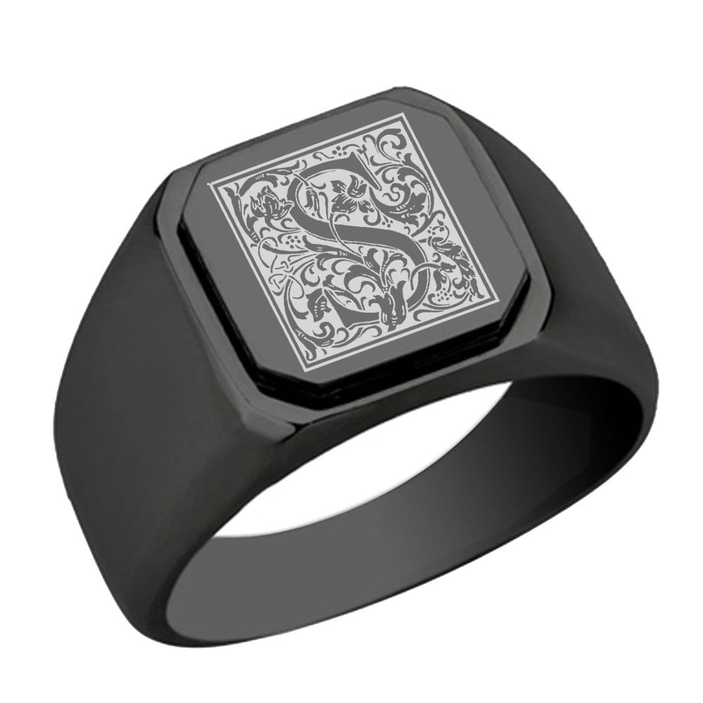 Stainless Steel Initial Floral Box Letter S Monogram Engraved Signet ...