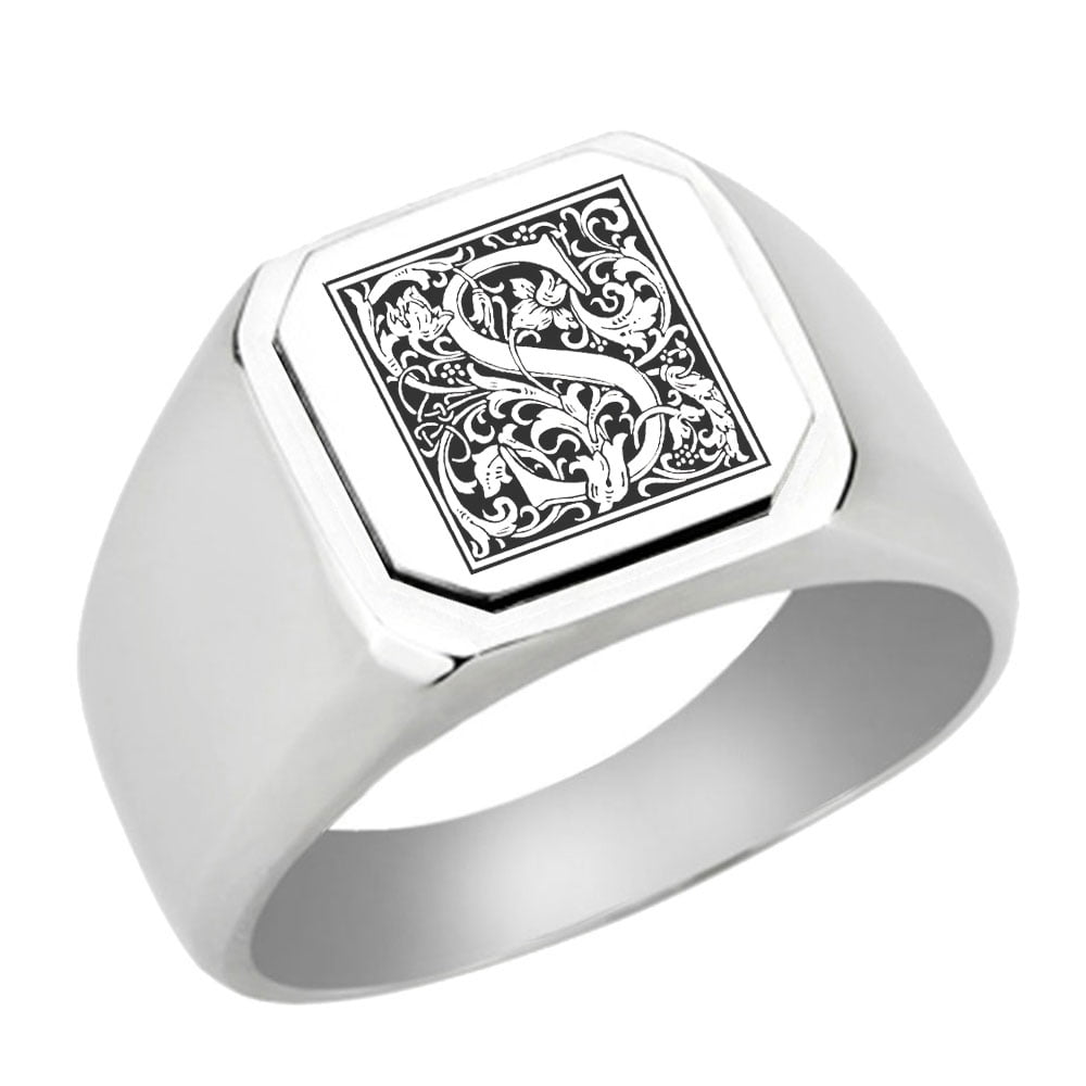 Stainless Steel Initial Floral Box Letter S Monogram Engraved Signet ...