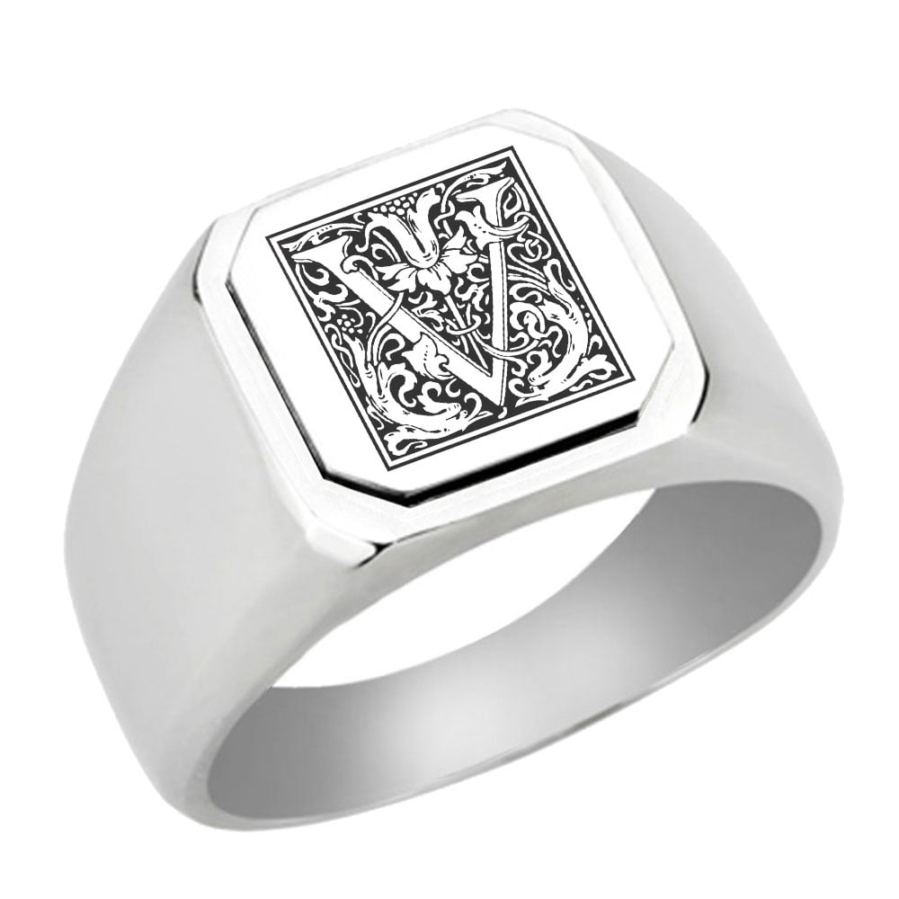 Stainless Steel Initial Floral Box Letter V Monogram Engraved Signet ...