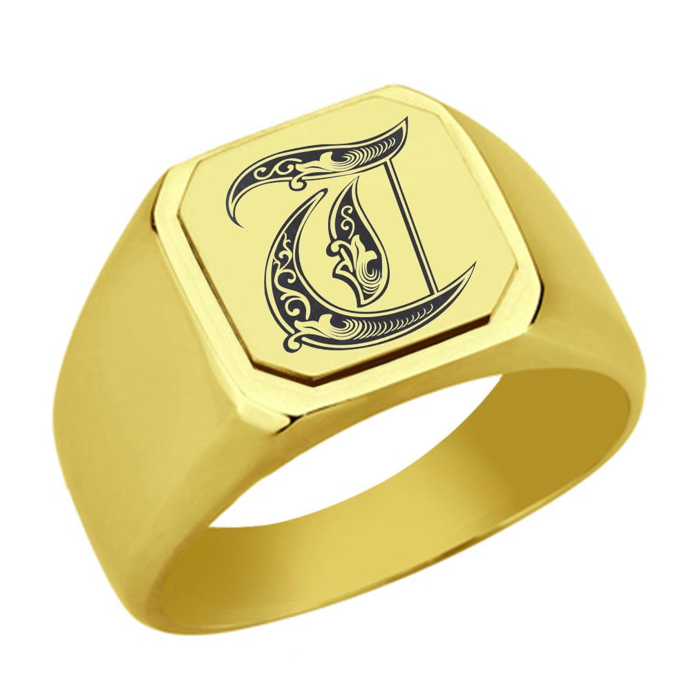 Stainless Steel Initial Royal Letter T Monogram Engraved Signet Ring ...