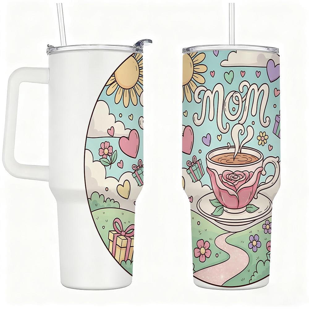 Stainless Steel Insulated Tumbler with Handle, Lid & Straw, Cute Mom ...