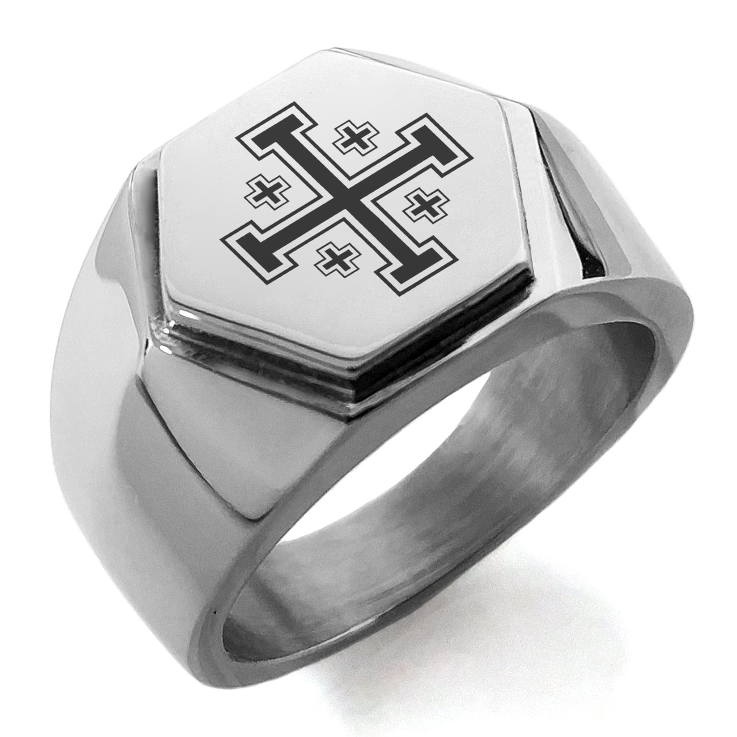 Stainless Steel Jerusalem Cross Engraved Hexagon Crest Flat Top Biker ...