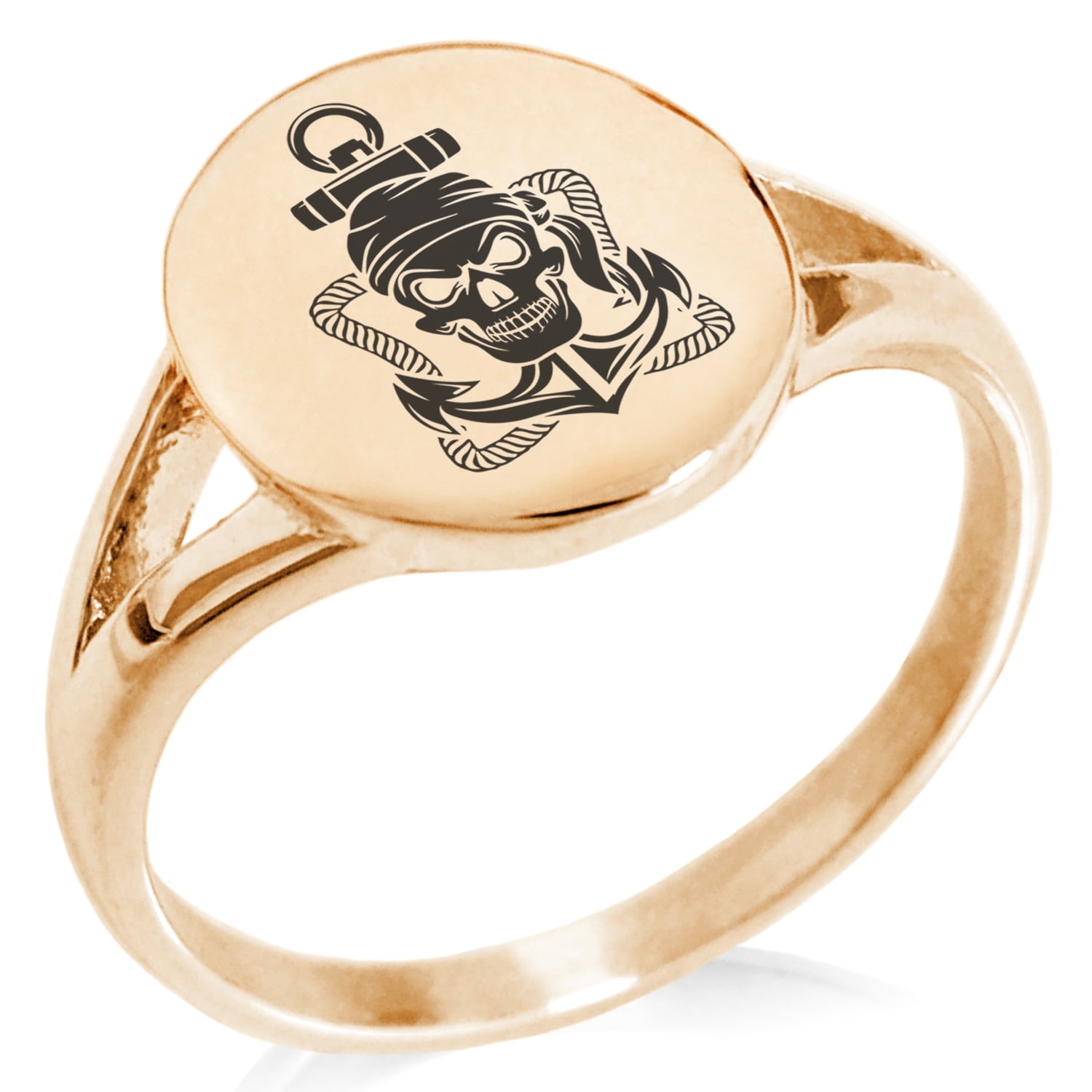 Stainless Steel Jolly Roger Pirate Skull Rope & Anchor Minimalist Oval ...