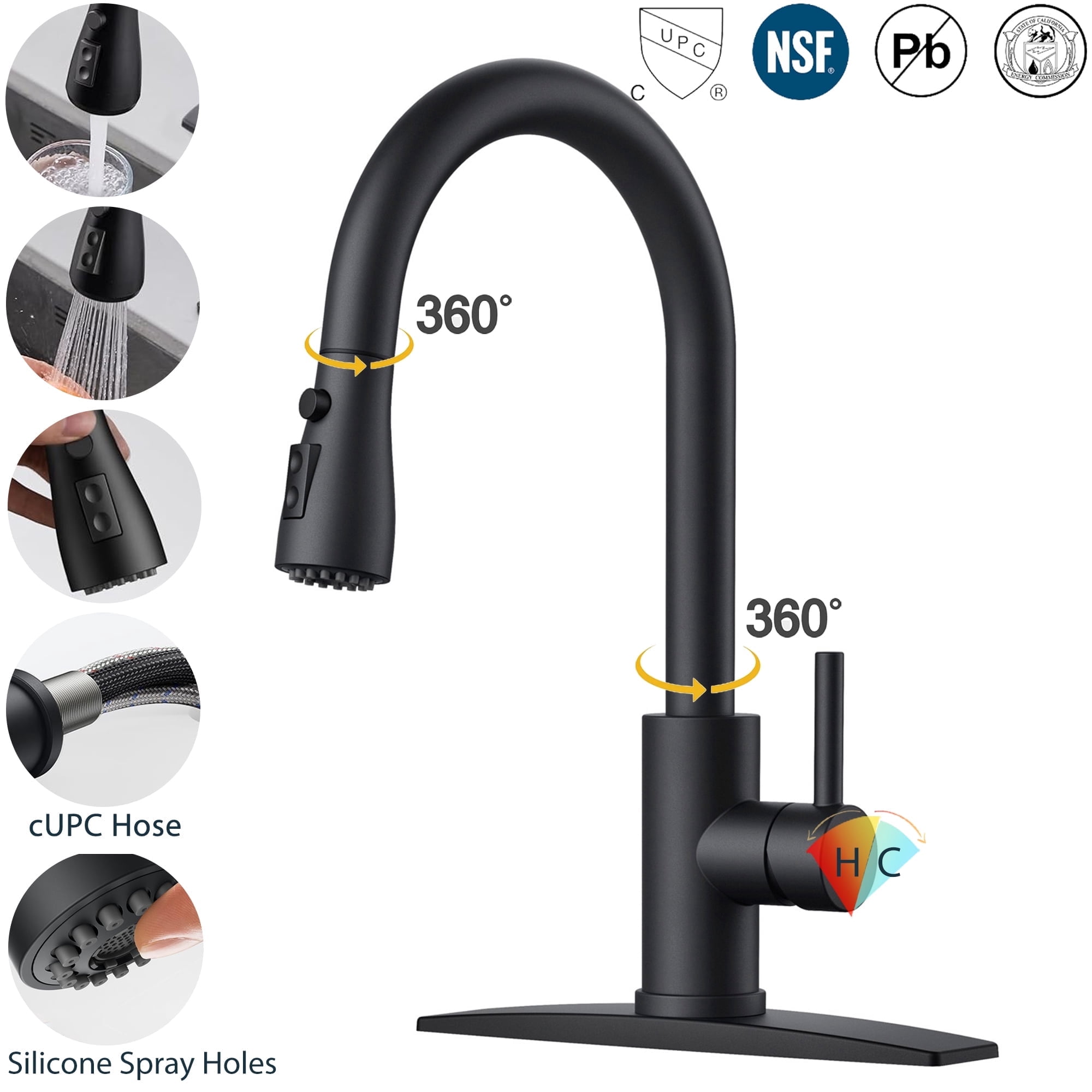 Stainless Steel Kitchen Faucet with Pull Out Sprayer(3 Modes), Black ...