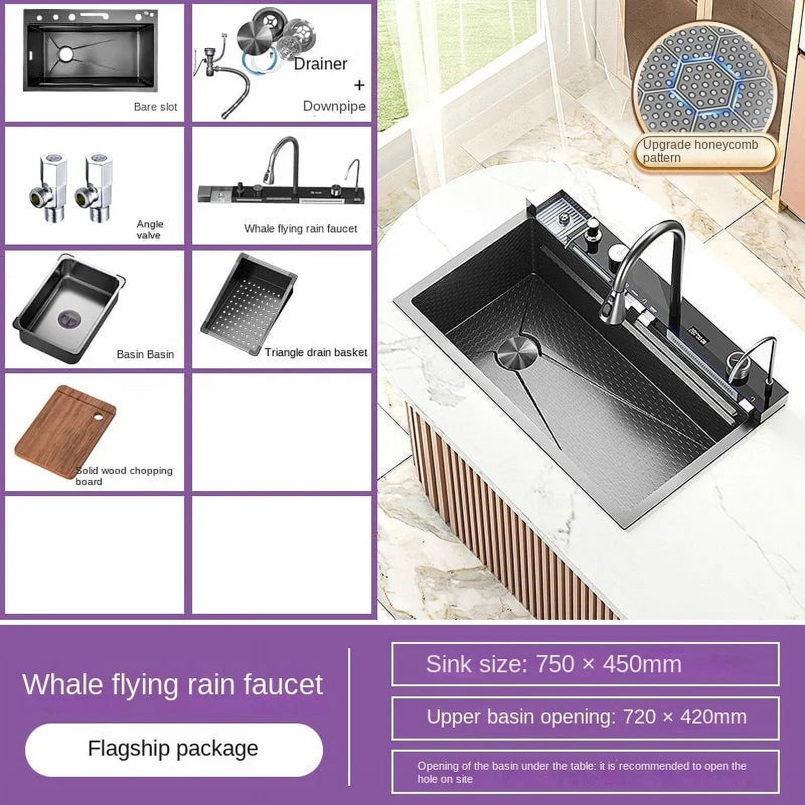 Stainless Steel Kitchen Sink Double Waterfall Integrated Digital ...