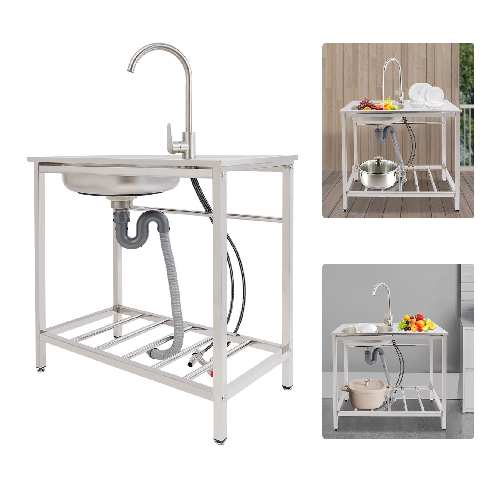 Stainless Steel Kitchen Sink Single Compartment Prep Table Freestanding ...