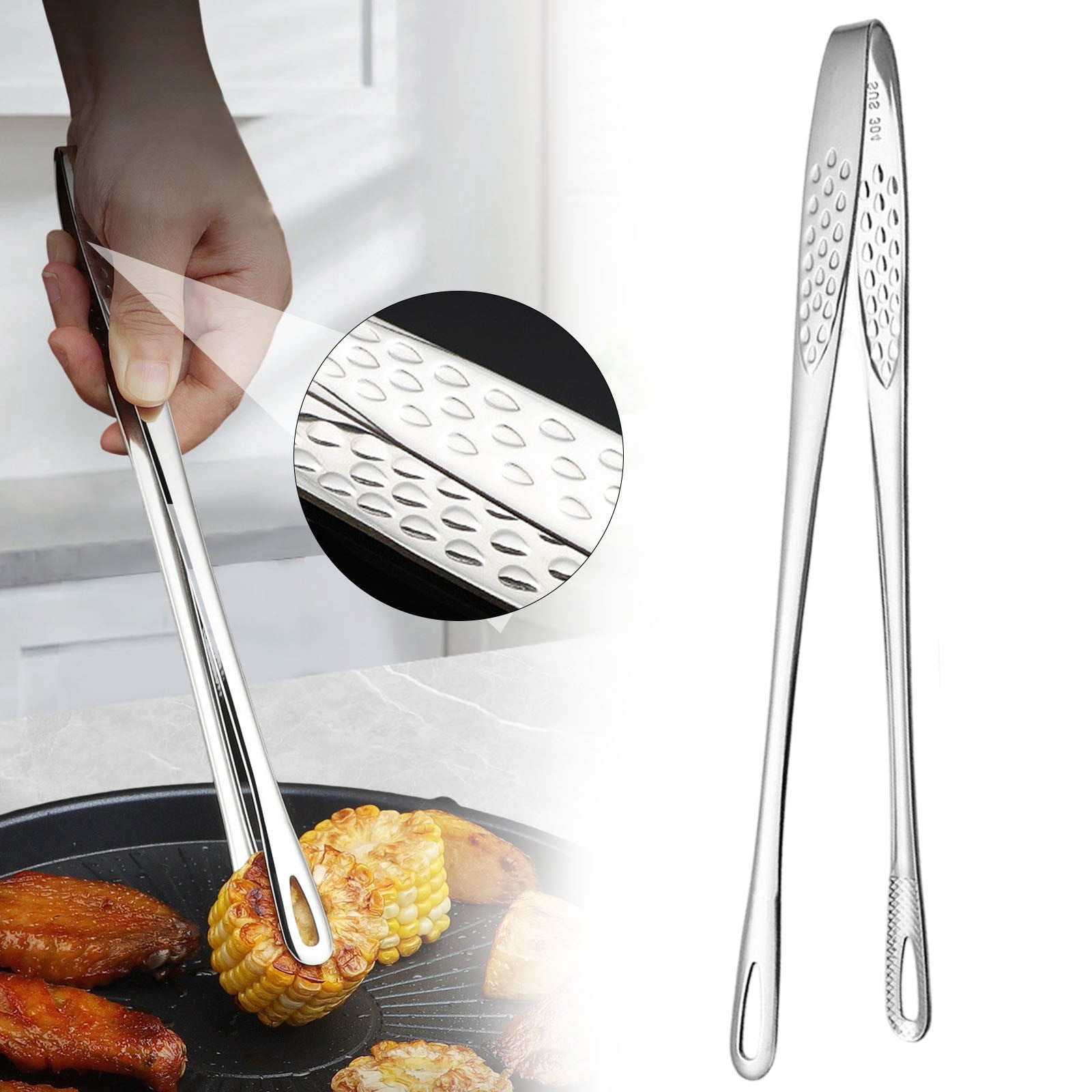 Stainless Steel Kitchen Tongs, 9.6" Non-Slip BBQ Tongs for Grilling ...