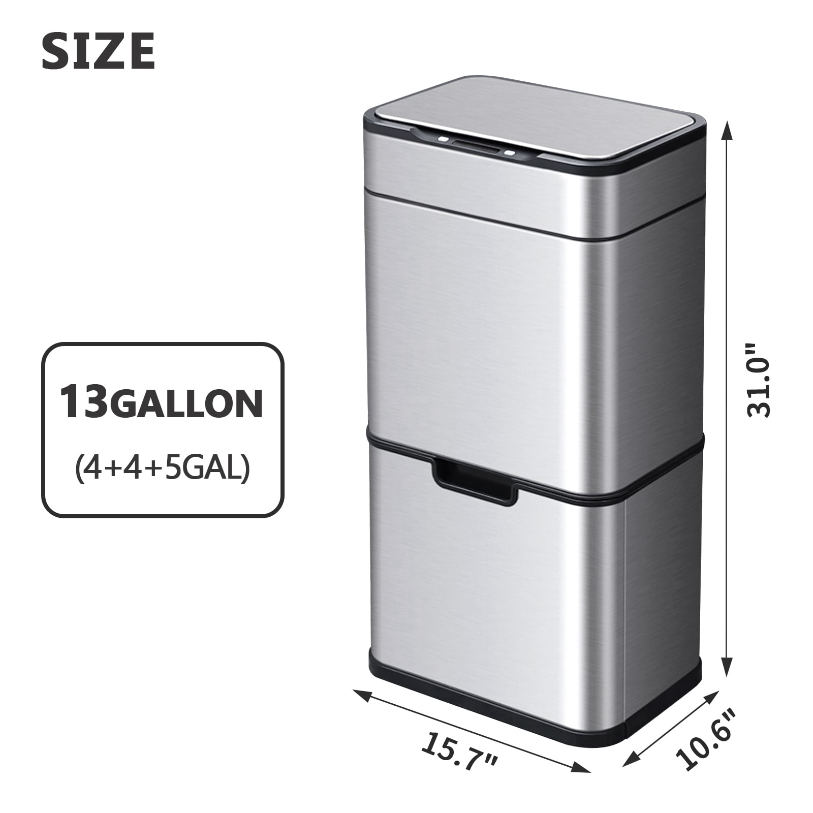 13 Gallon Stainless Steel Trash Can, Motion Sensor, 3 Compartment ...