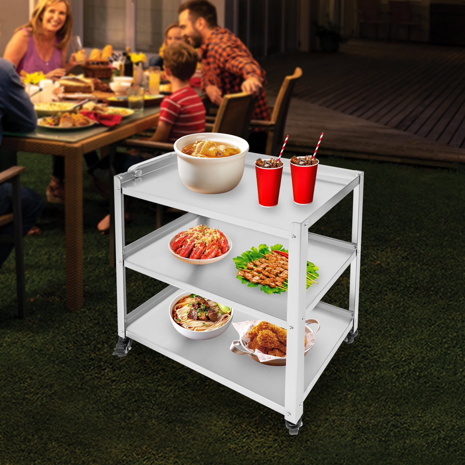 Stainless Steel Kitchen Trolley Cart with 3 Tiers, Convenient Handle ...