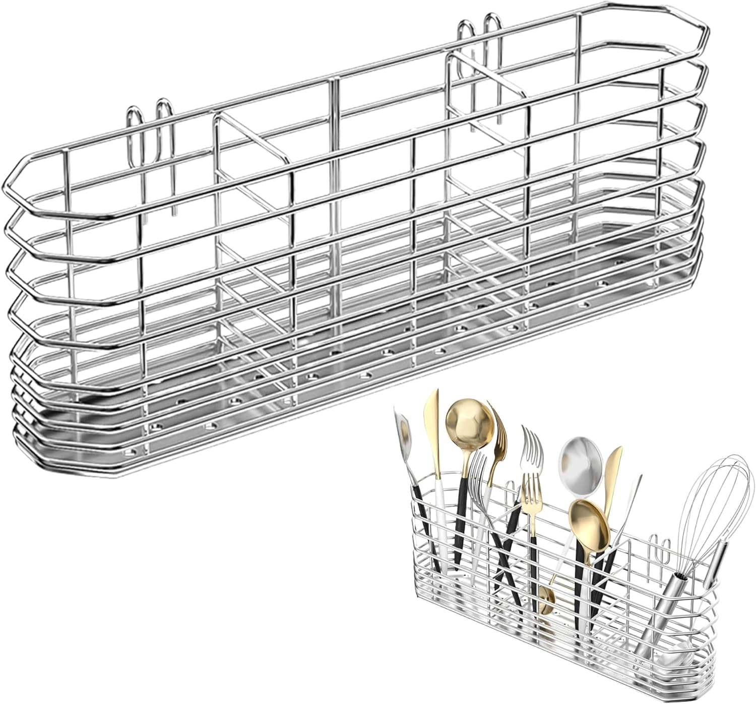 Stainless Steel Kitchen Utensil Holder:Silverware Holder Rack with Hooks,Silverware Cutlery ...