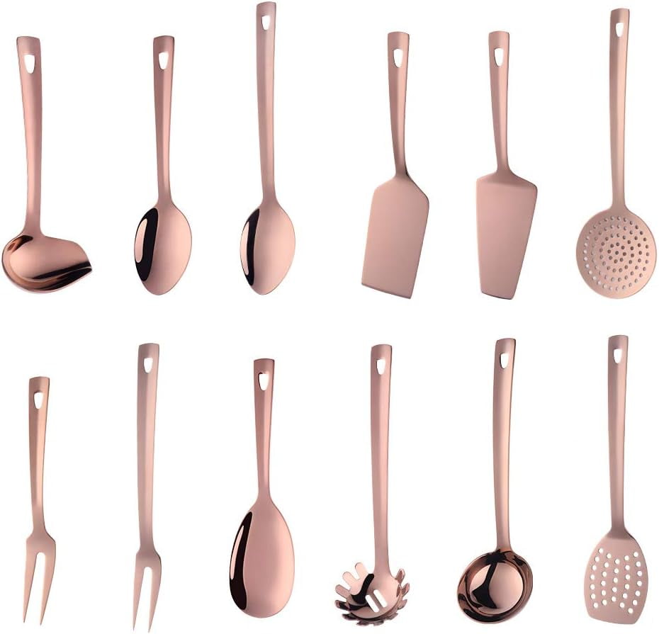 Stainless Steel Kitchen Utensil Set, BuyGo 12-Piece Rose Gold Cooking ...
