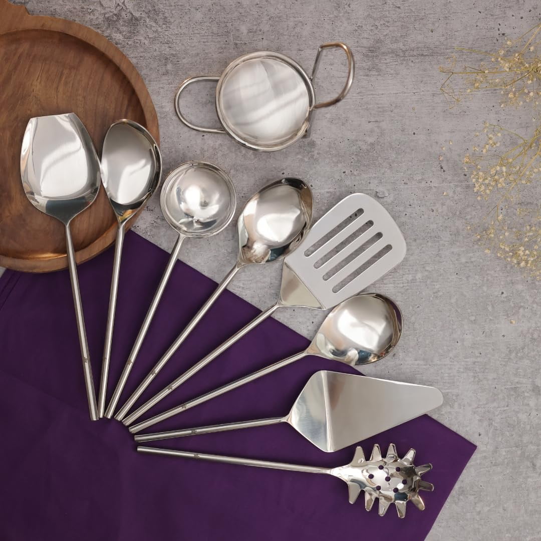 Stainless Steel Kitchen Utensils Set | 9 Pieces Large Metal Serving ...