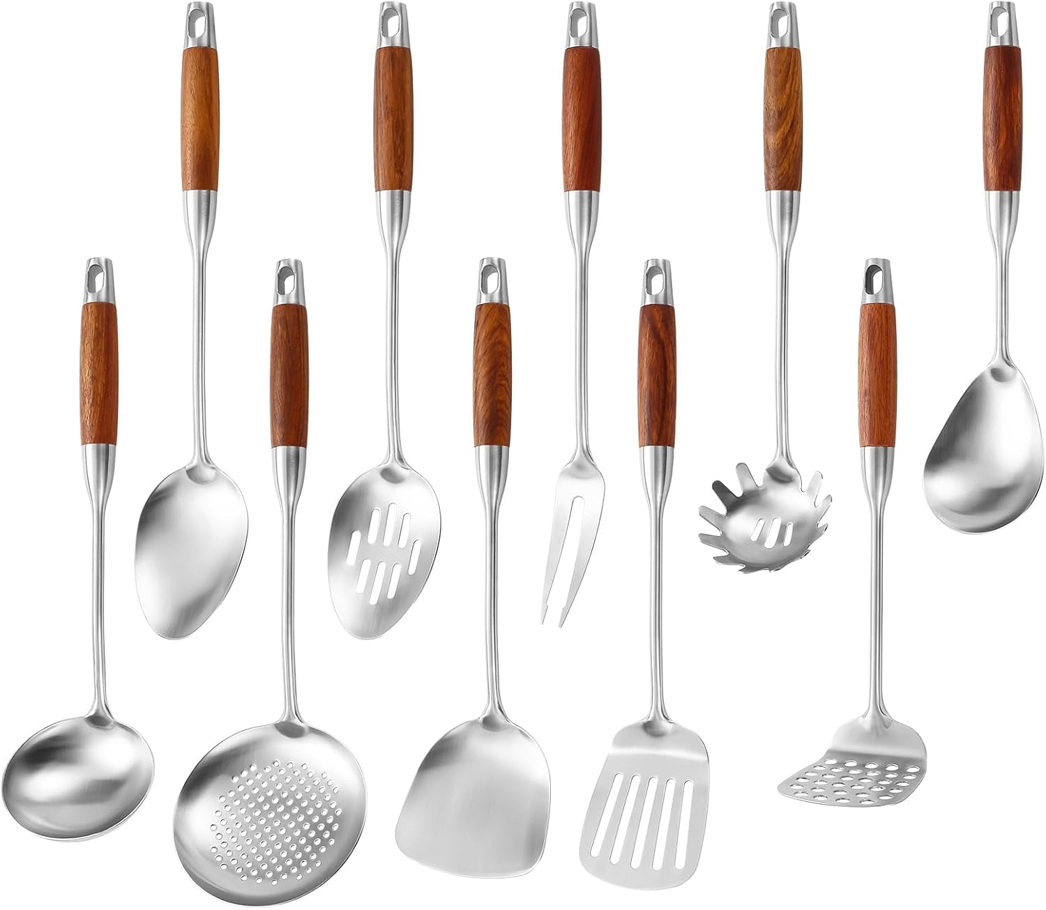 Stainless Steel Kitchen Utensils Set with Wood Handle, 18/10 Metal ...