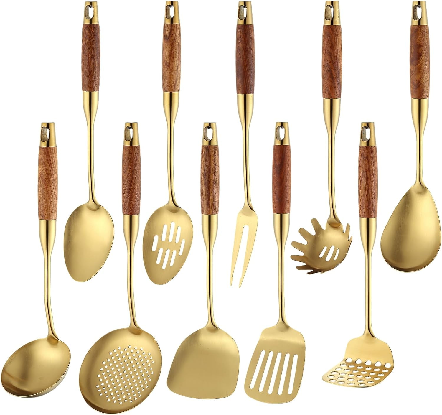 Stainless Steel Kitchen Utensils Set with Wood Handle 18/10 Metal ...