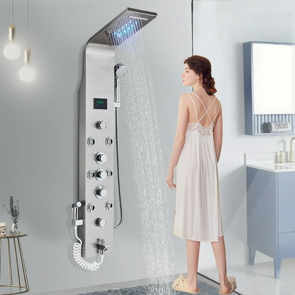 Black Shower Panel System LED Rain&Waterfall Tower Massage Body Jets ...