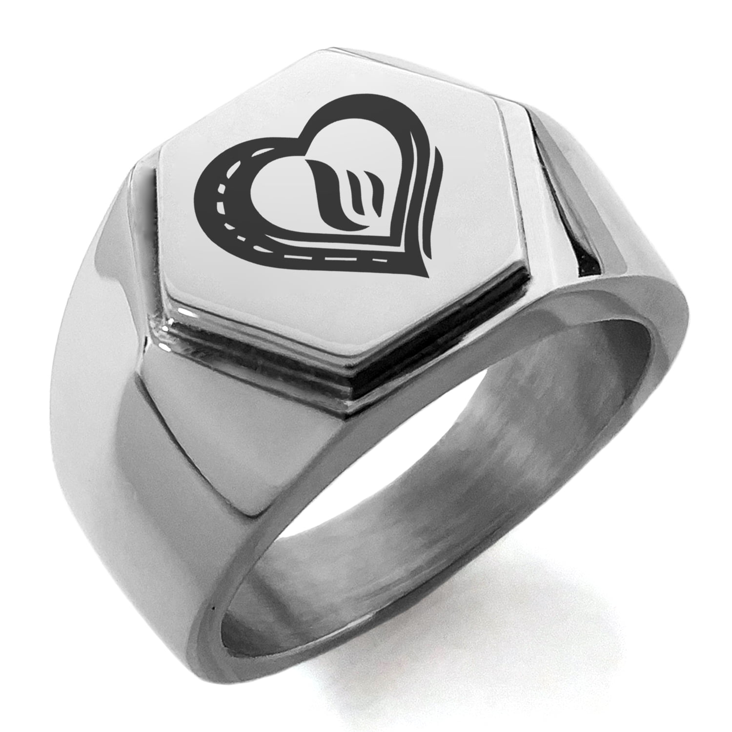 Stainless Steel Life Magic Rune Engraved Hexagon Crest Flat Top Biker ...