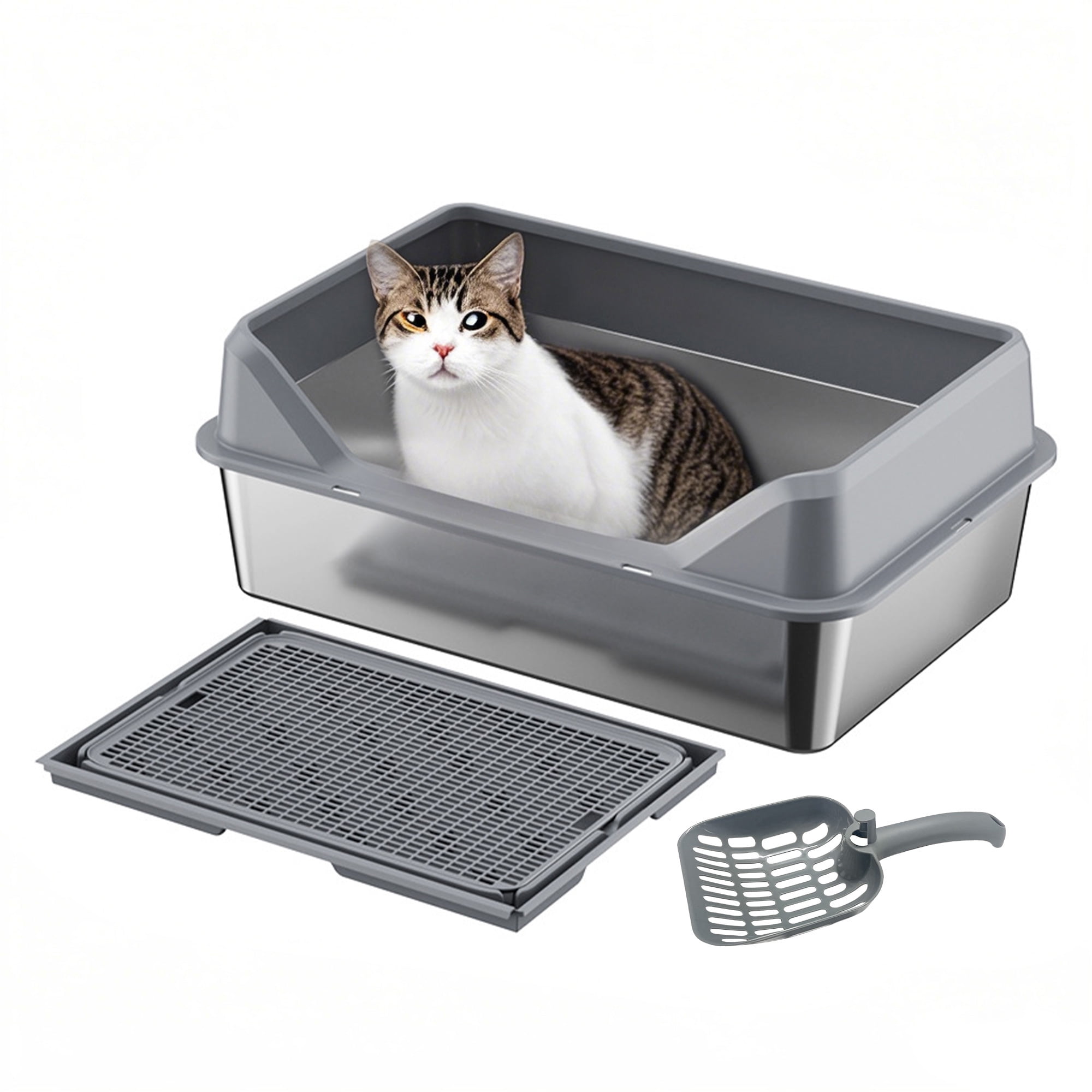 Stainless Steel Litter Box,16''Large Enclosure Metal Cat Litter Box for ...