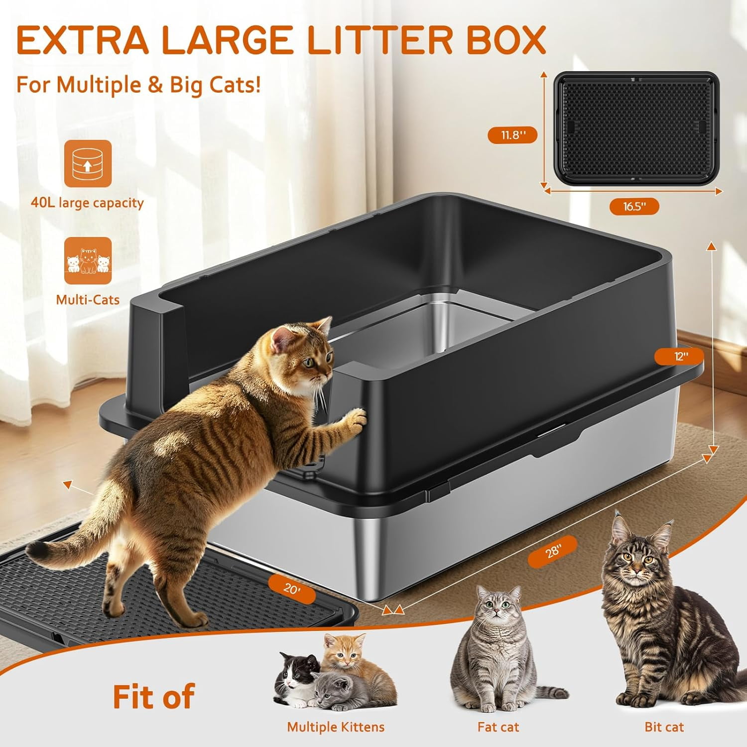 Stainless Steel Litter Box - 28" Extra Large Cat Litter Box with High ...
