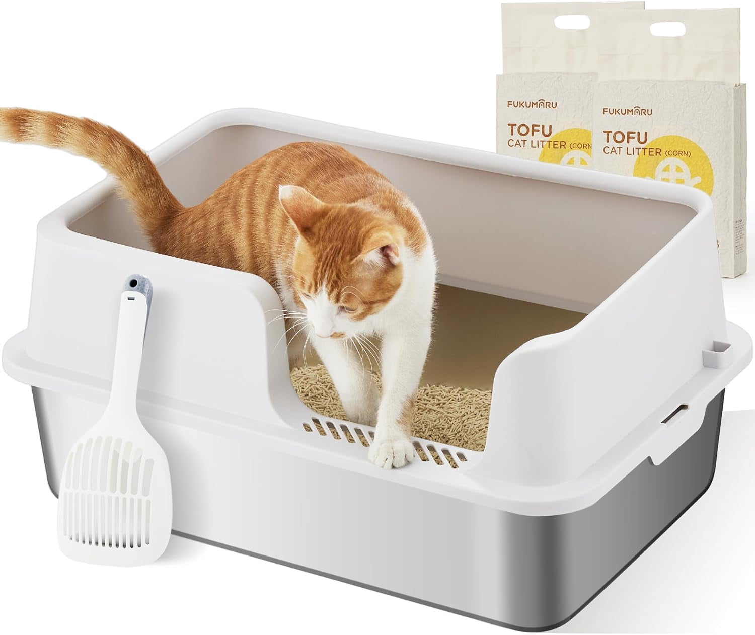 Stainless Steel Litter Box, High Side Metal Cat Litter Box with Two ...