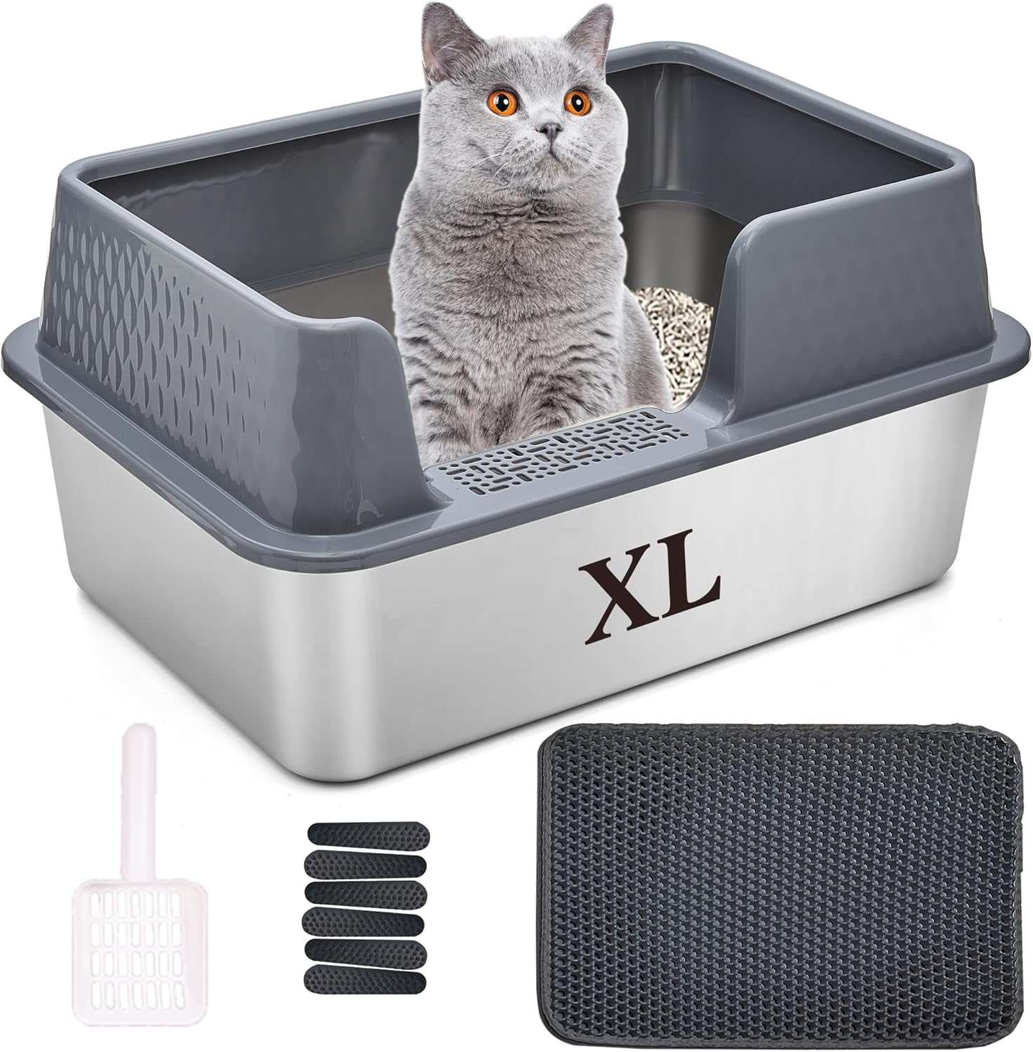 Stainless Steel Litter Box with Lid Kitty Black Litter Mat and White ...