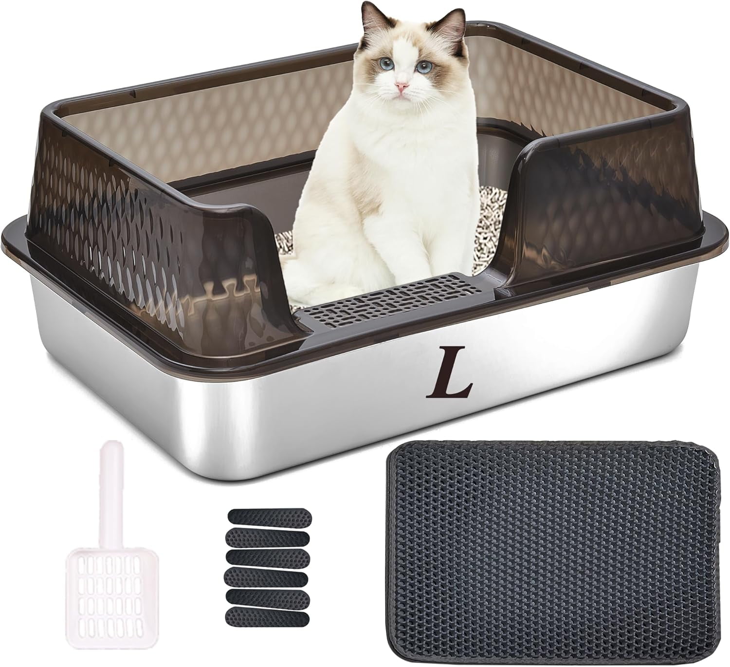 Stainless Steel Litter Box with Lid Kitty Black Litter Mat and White ...