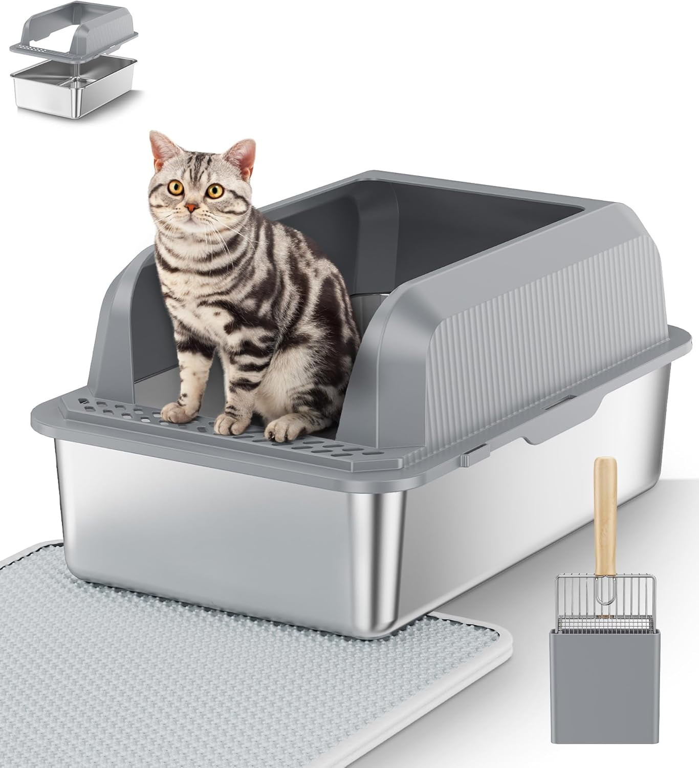 Stainless Steel Litter Box with Lid, XL Enclosed Cat Litter Box for Big ...