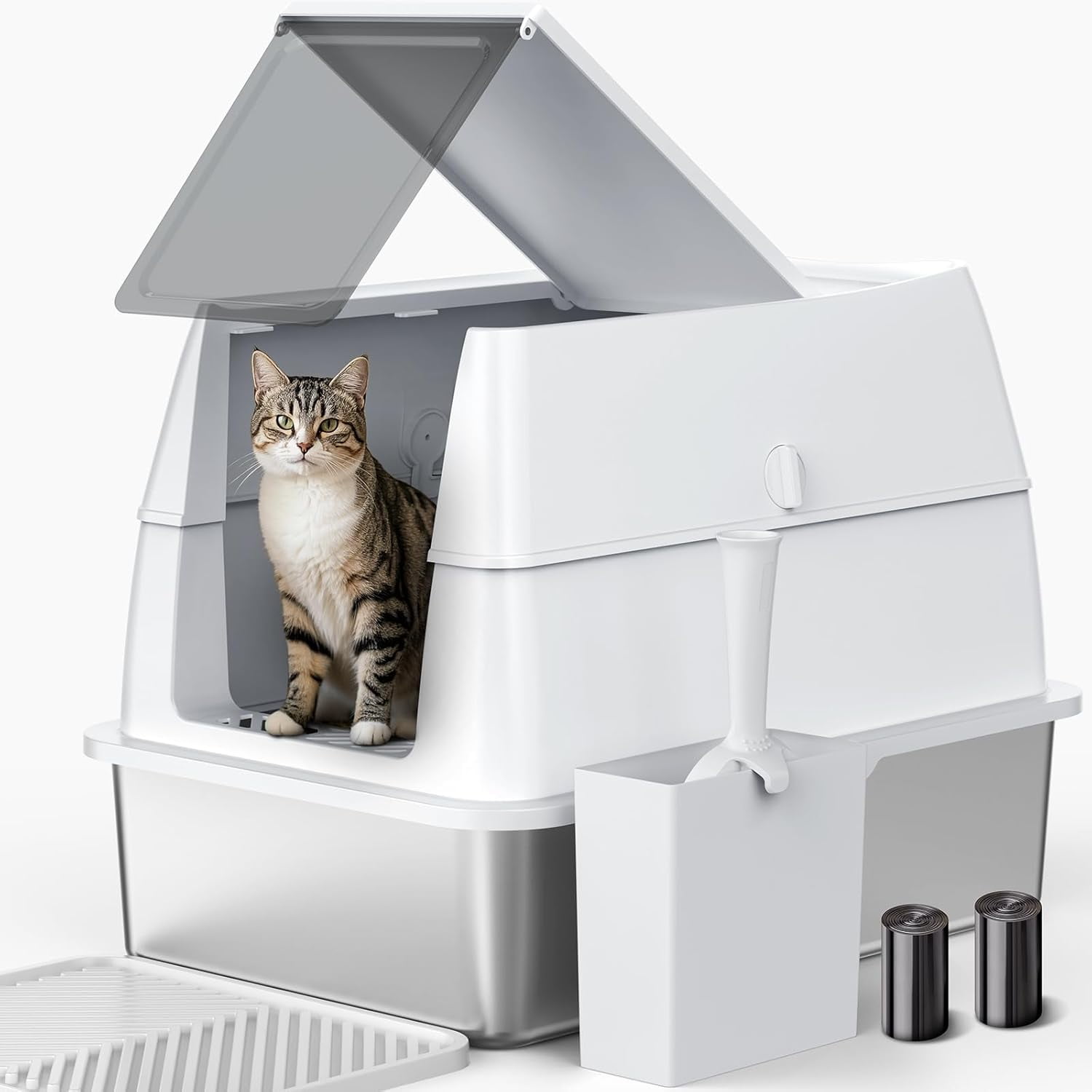 Stainless Litter Box with Lid, XL Litter Boxes for Big Cats Enclosed ...