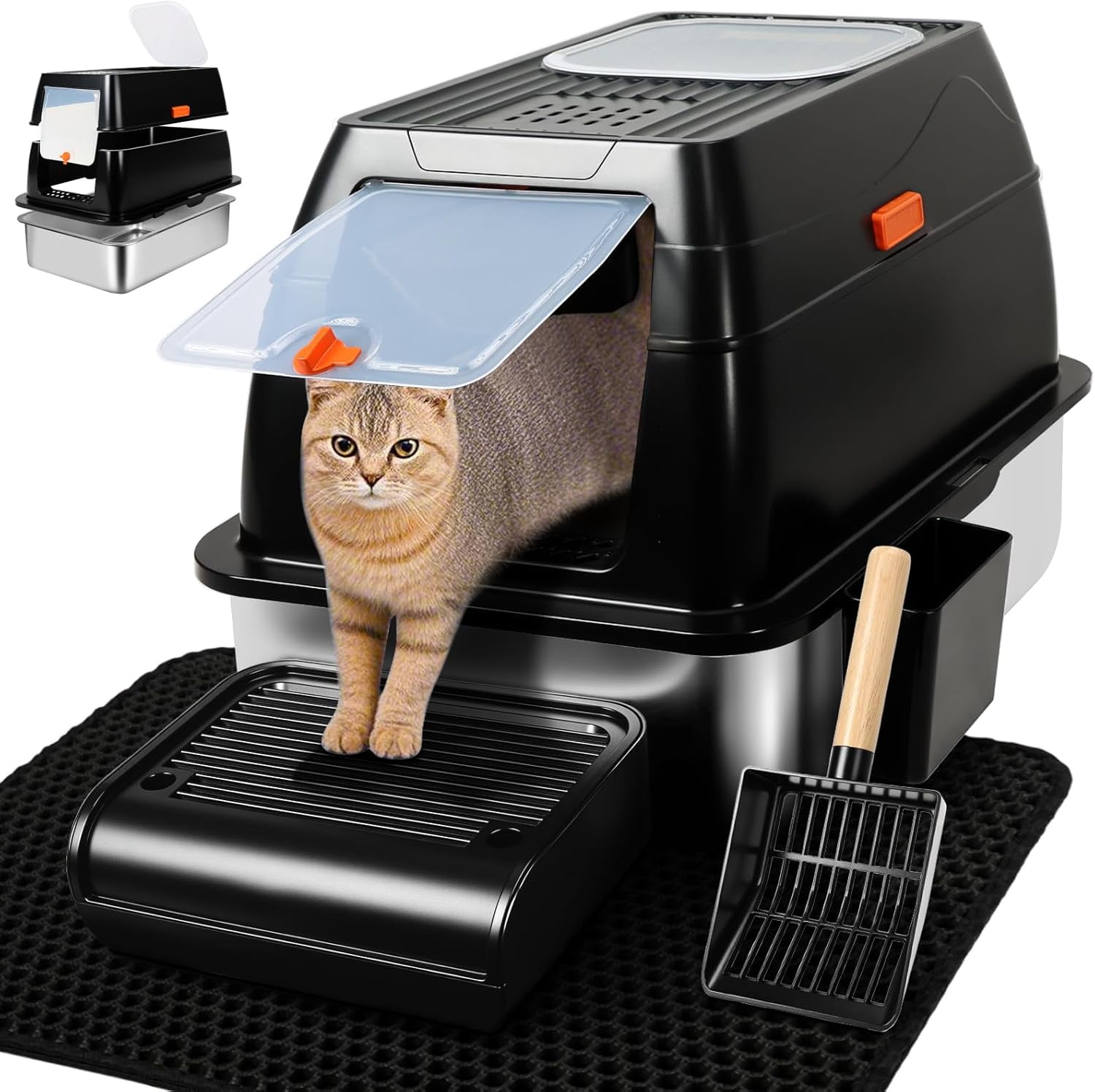 Stainless Steel Litter Box with Lid, XL Front Entry Enclosed Extra Large Litter Box for Big Cats ...