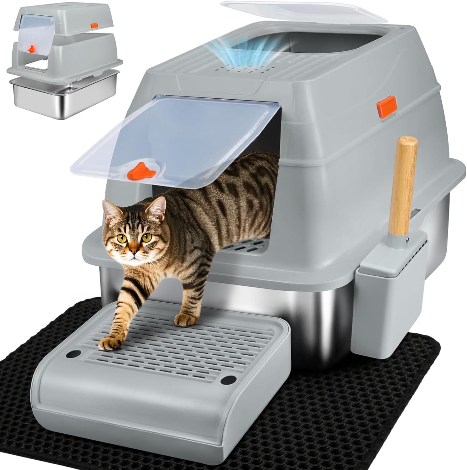 Stainless Steel Litter Box, XL Top Exit Enclosed Metal Cat Litter Box ...