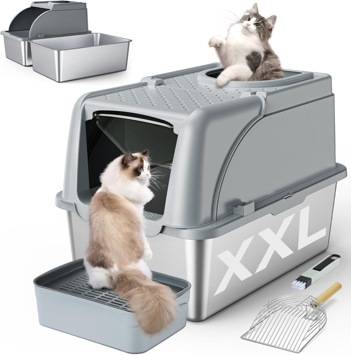 Stainless Steel Litter Box, XXL Large Metal Covered Litter Boxes, Dual Entrance Detachable Cat ...