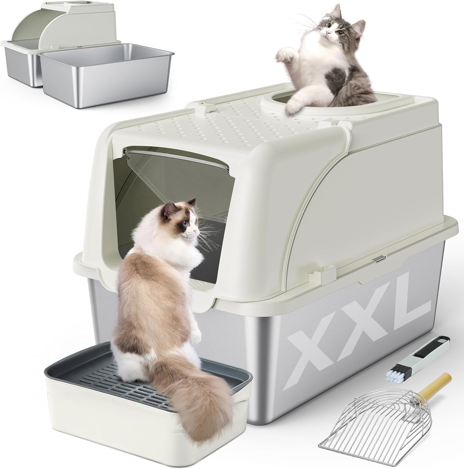 Stainless Steel Litter Box, XXL Large Metal Covered Litter Boxes, Dual Entrance Detachable Cat ...