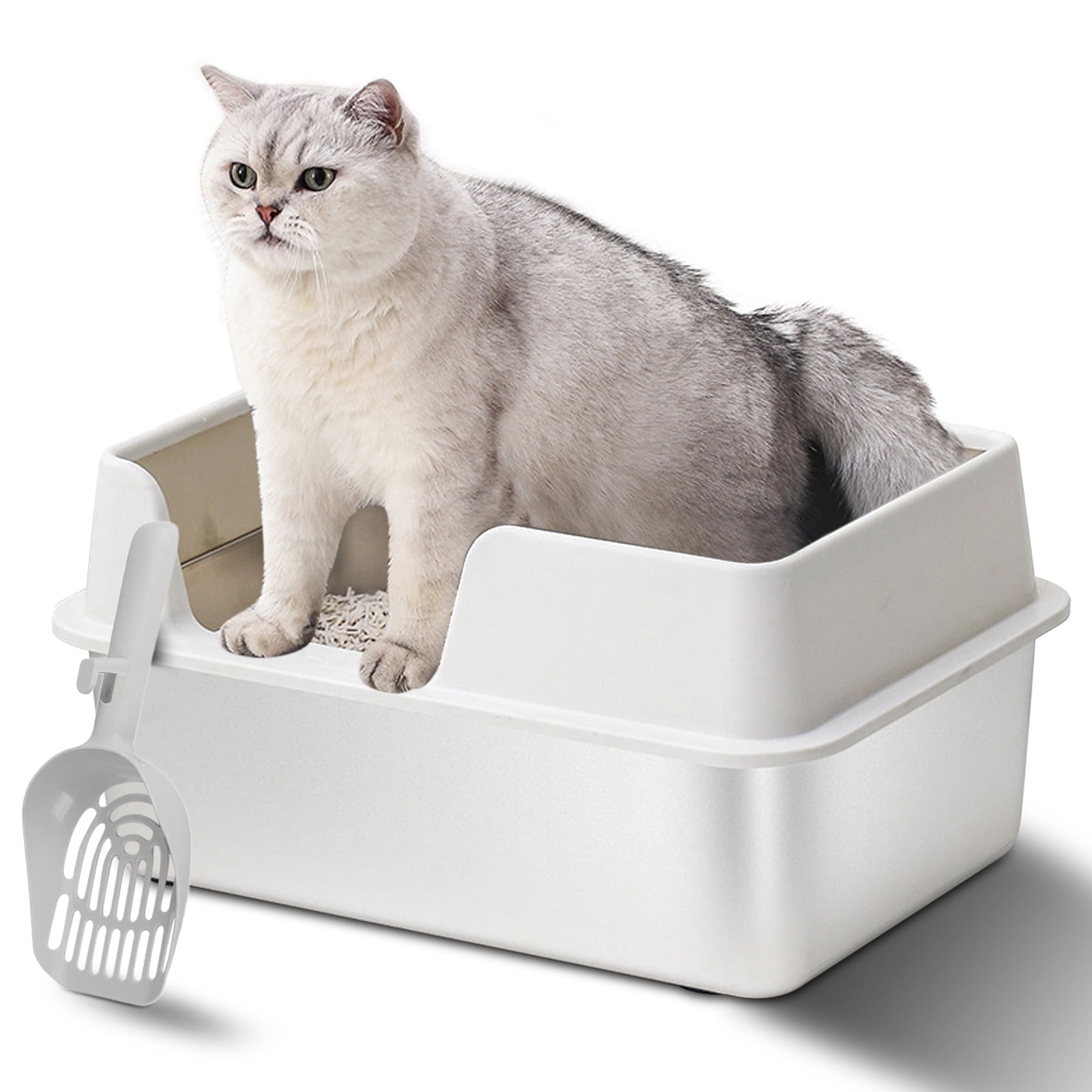 Stainless Steel Litter Box with Scoop, High Sided Open Top Cat Litter ...