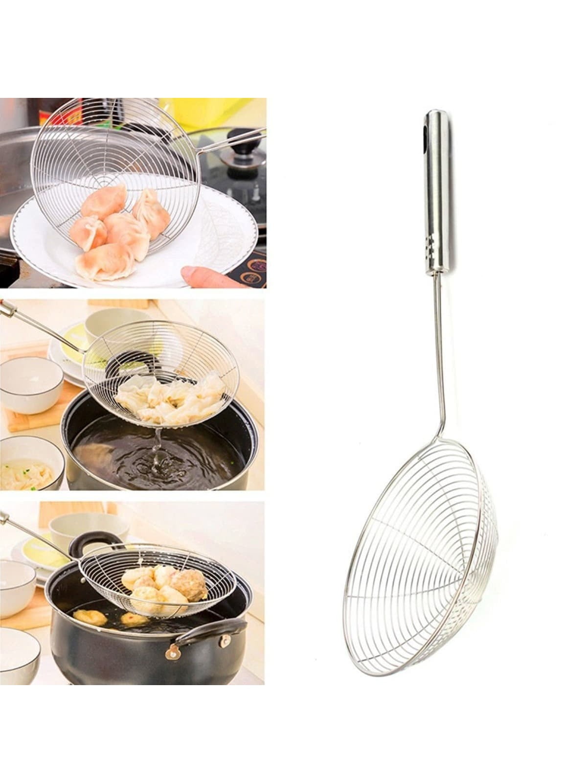 Stainless Steel Long Handle Oil Straining Colander For Deep Frying ...