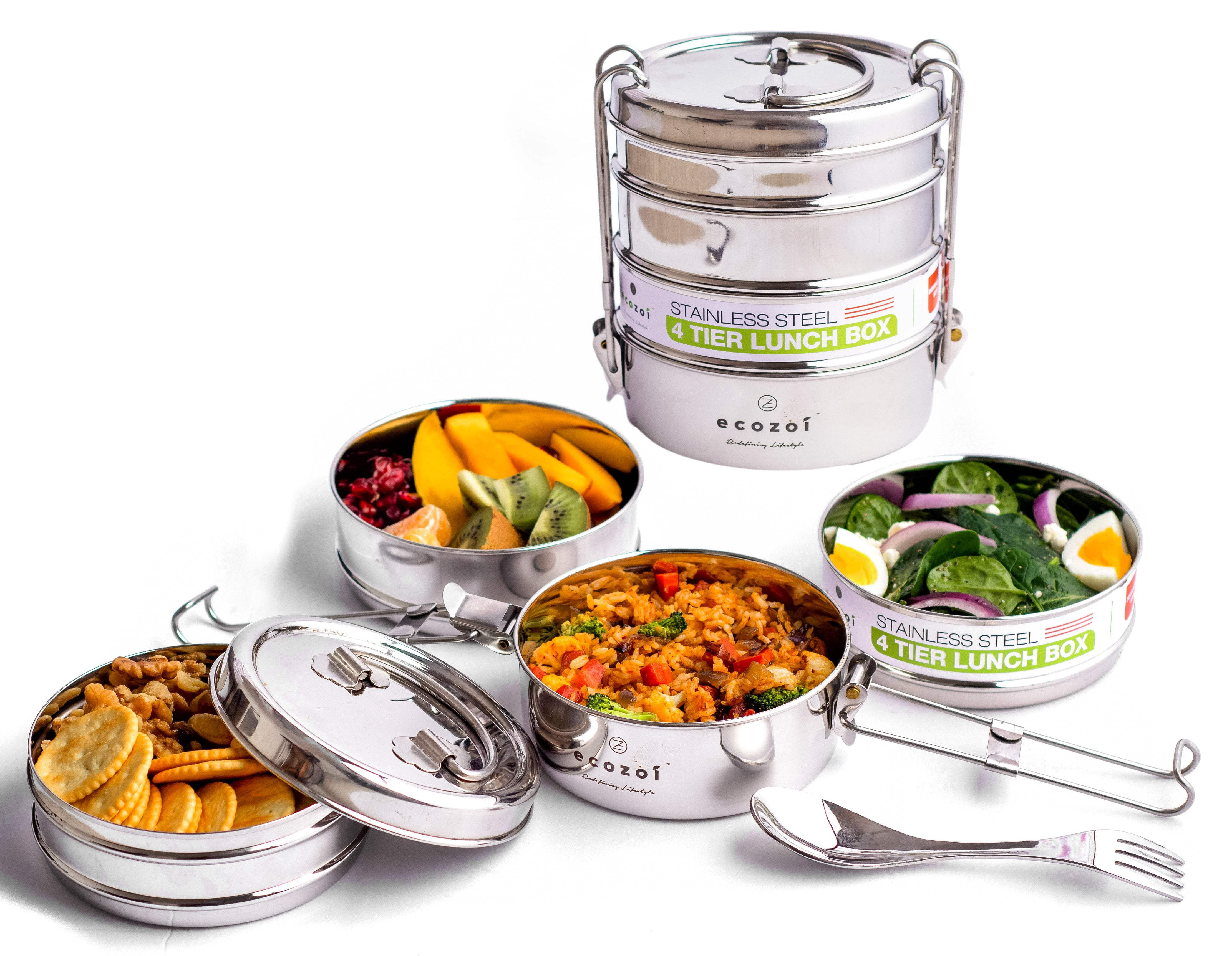 Stainless Steel Lunch Box, 4 Tier Round with Spork, 55 Oz - Walmart.com