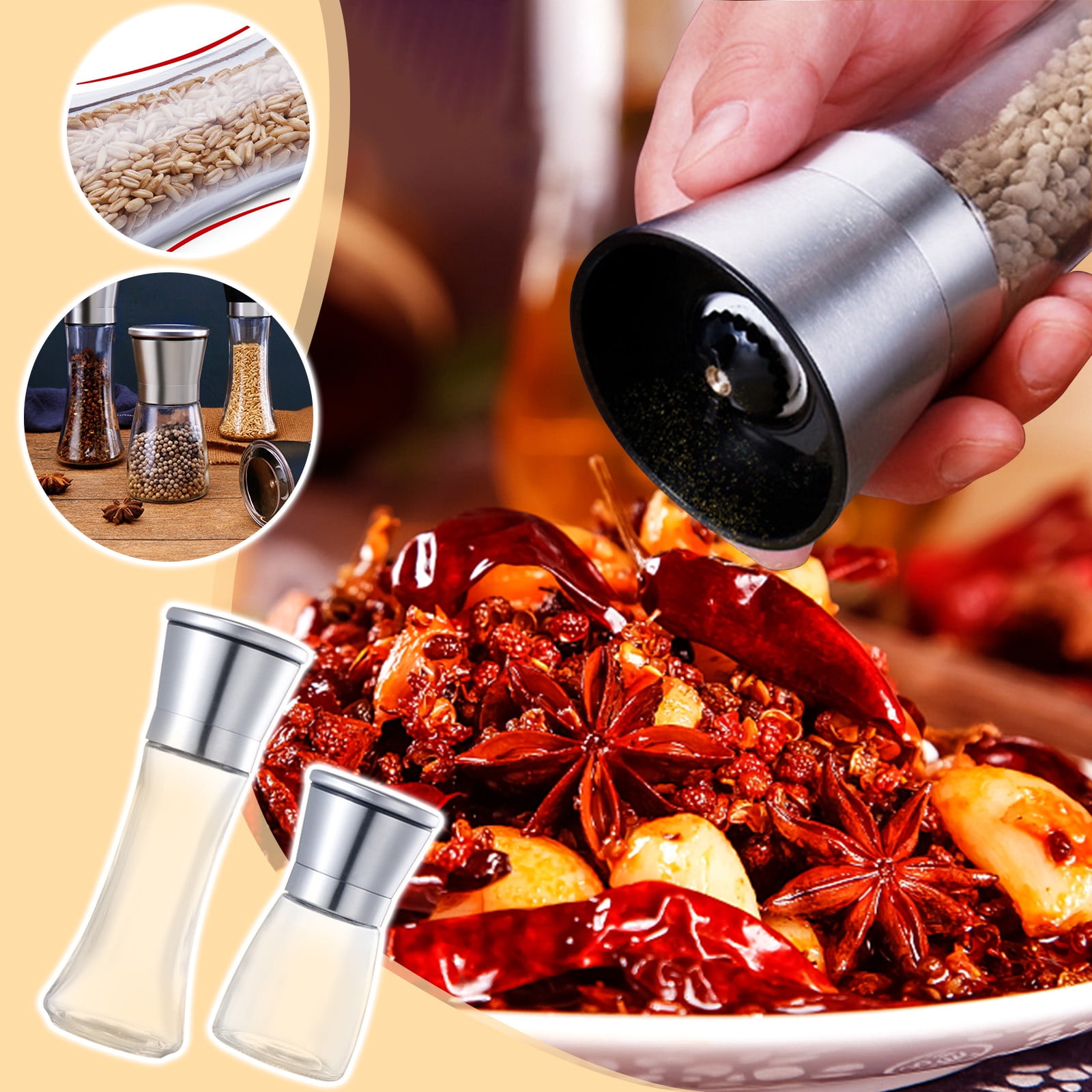 Stainless Steel Manual Pepper Grinder, Glass Bottle Grinder, 10-Speed ...